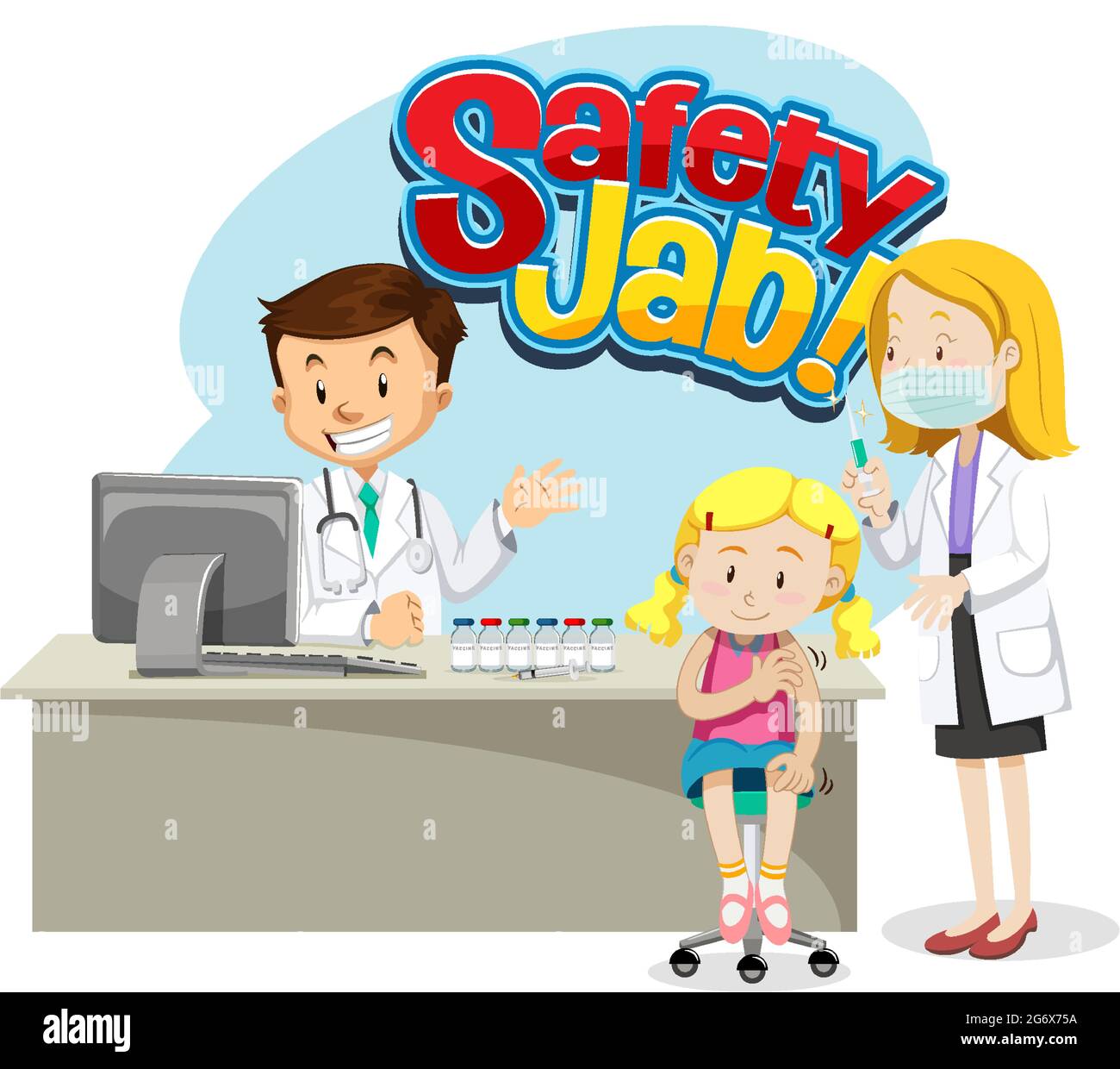 Safety Jab font with a girl get vaccine injection shot and doctor ...