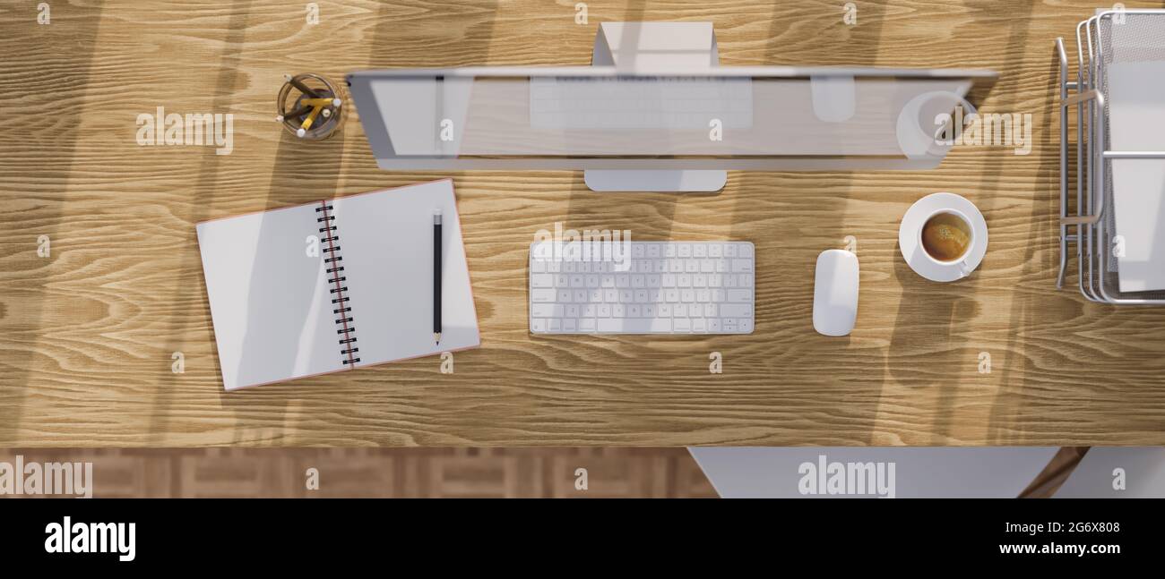 Top view of wooden study table with desktop computer, note book ...