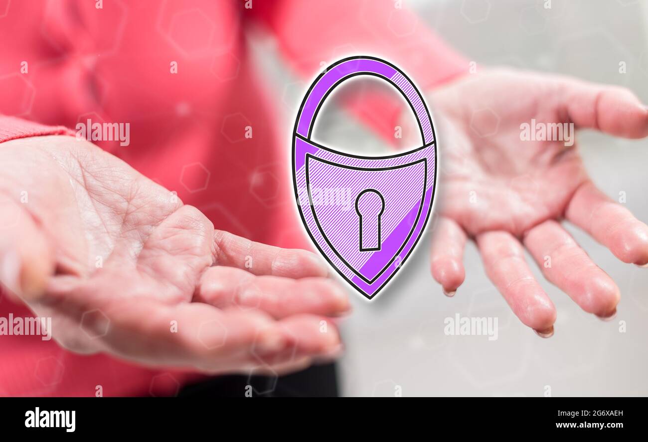 Cyber security concept above the hands of a woman in background Stock ...