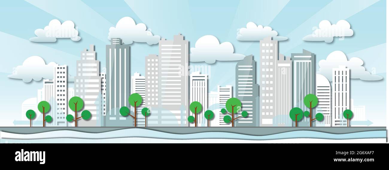 city illustration, modern skyline with skyscraper buildings, vector ...