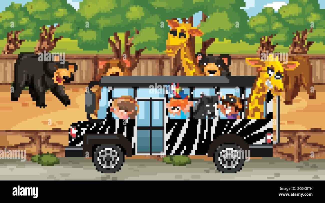 Safari scene with many bears and kids on tourist bus illustration Stock ...