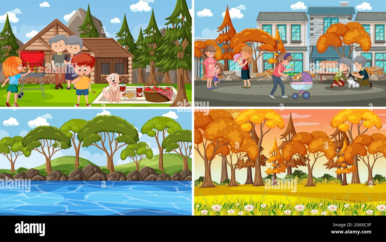 Set of different nature scenes cartoon style illustration Stock Vector ...