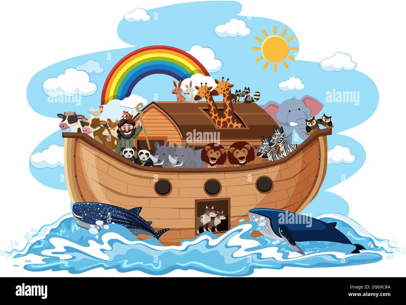 Noah's Ark with Animals on water wave isolated on white background illustration Stock Vector ...