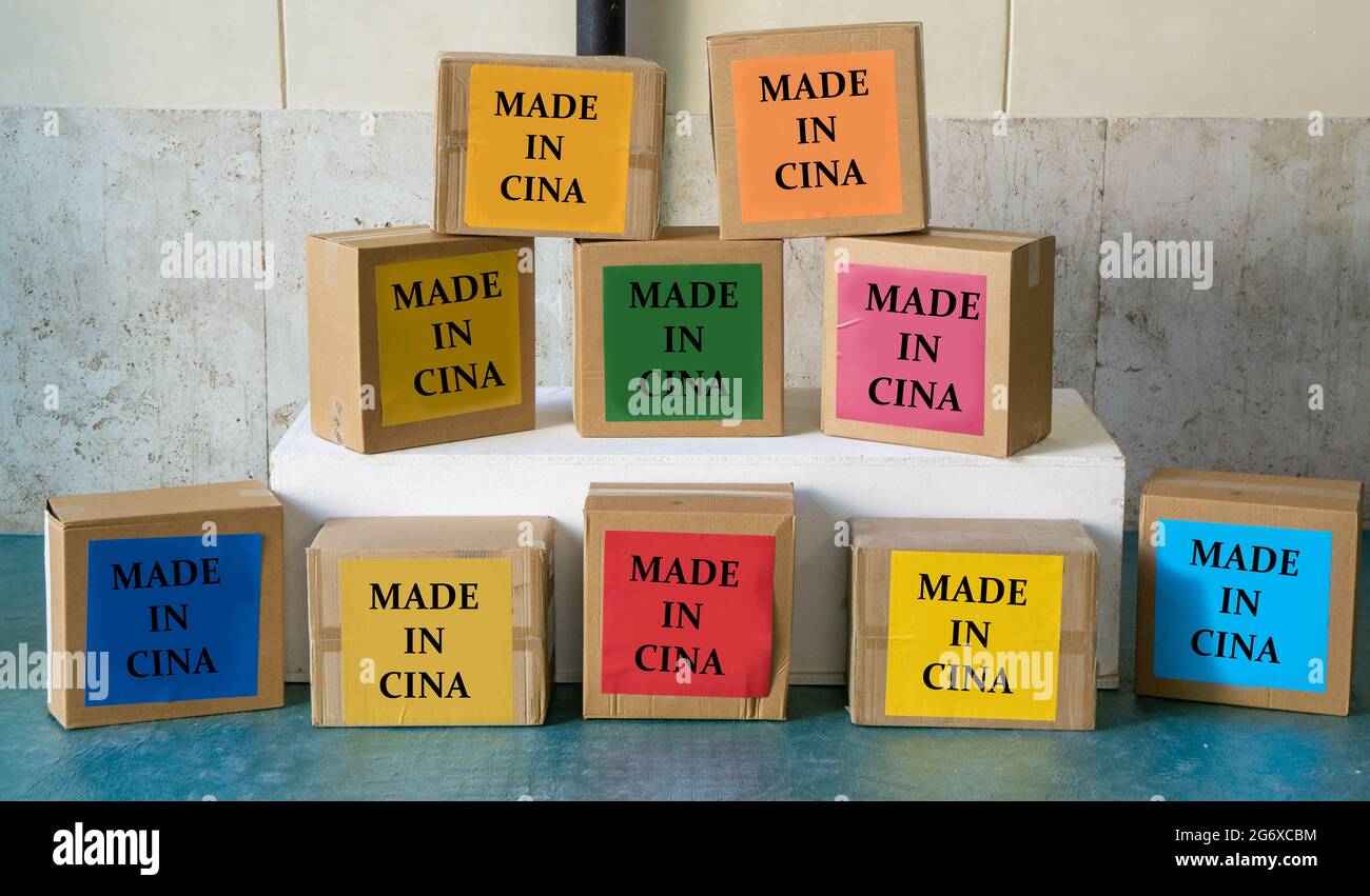 Made in China. A stack of cardboard boxes with the inscription made in ...