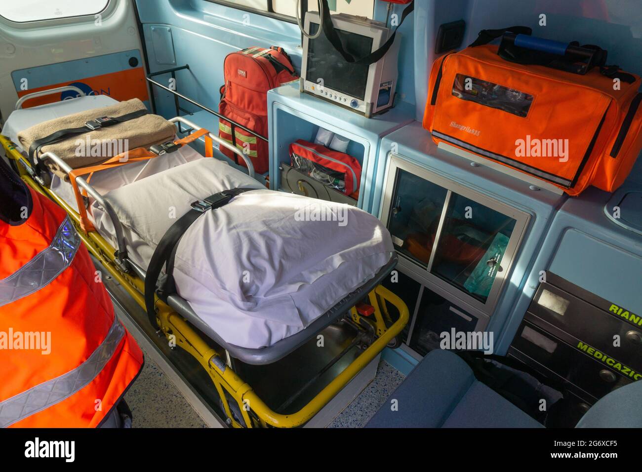 Rome, Italy - Dec 4 2019: Inside an ambulance with medical equipment ...