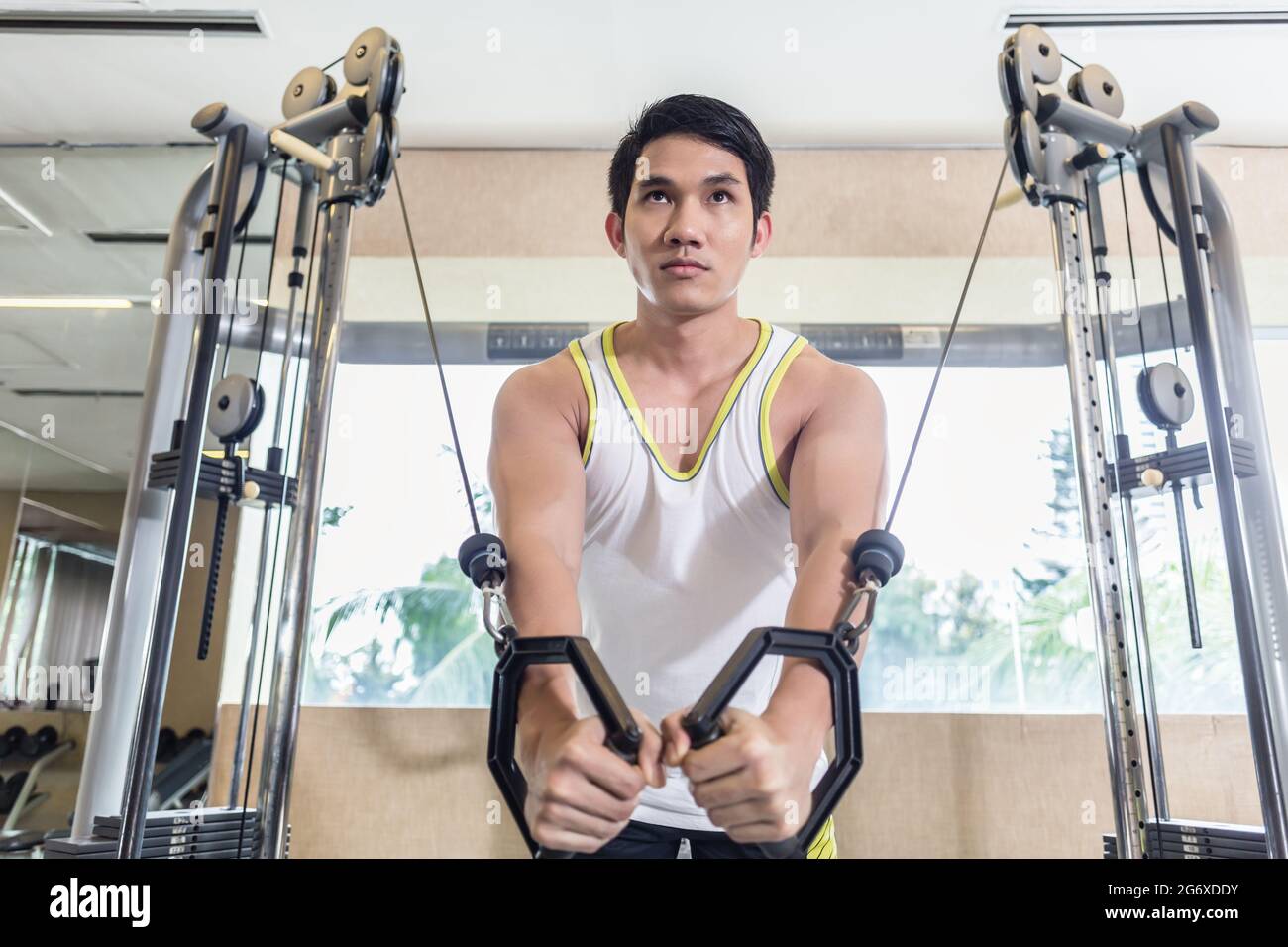 Low-angle view portrait of an Asian handsome man looking down with ...