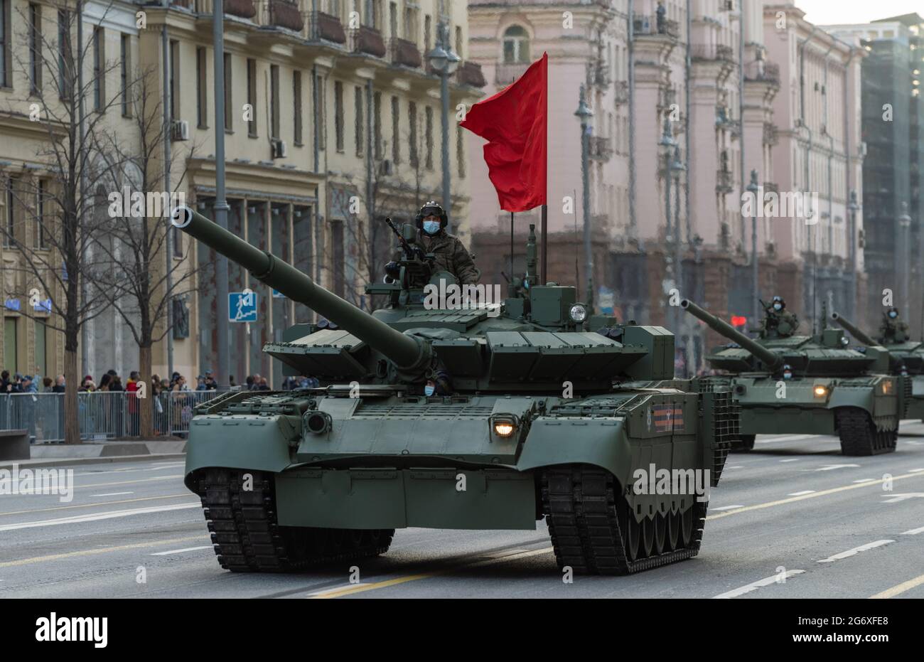 April 30, 2021 Moscow, Russia. Russian T-80 main battle tank on ...