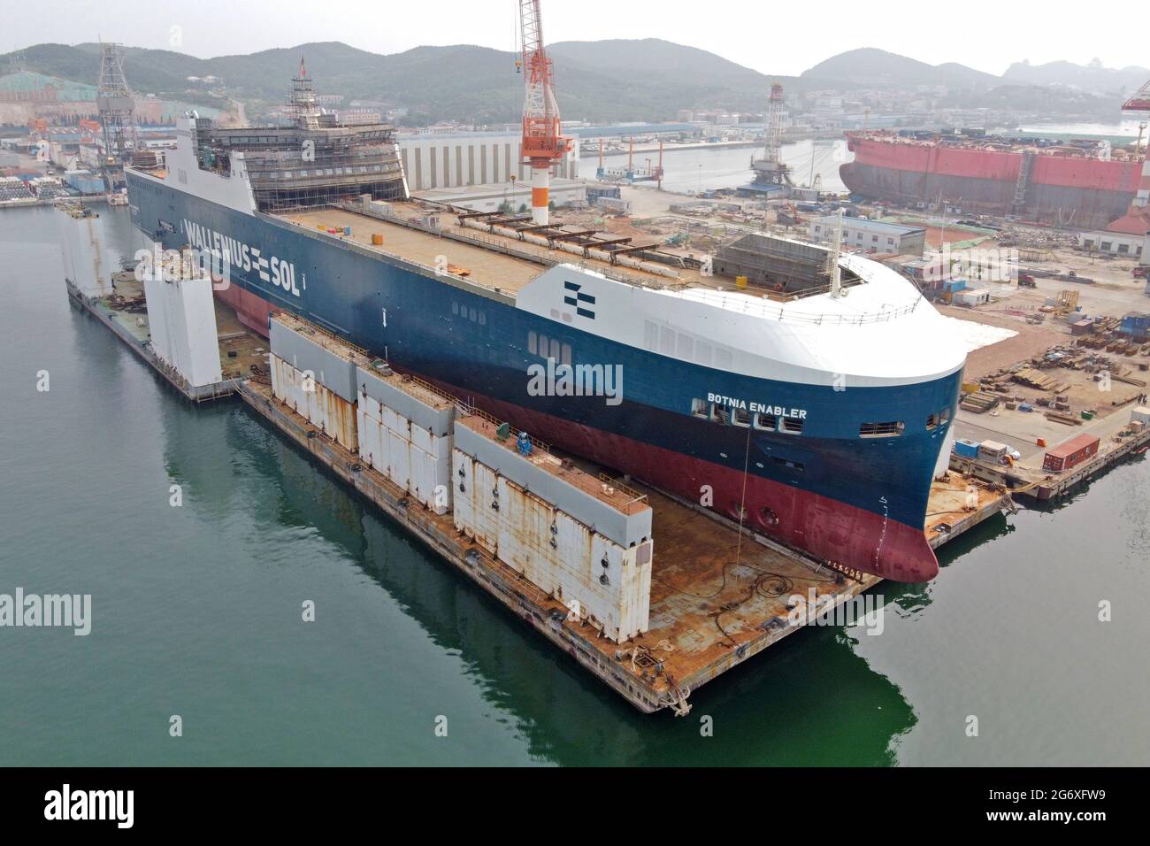 YANTAI, CHINA - JULY 9, 2021 - A dual-fuel ice-class roll-off ship is ...