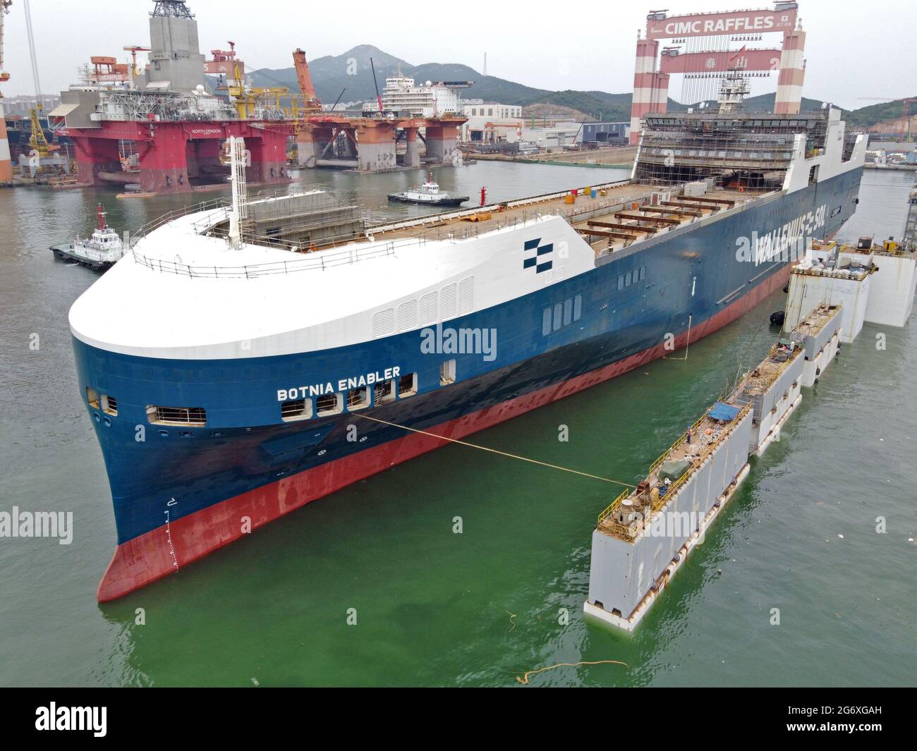 YANTAI, CHINA - JULY 9, 2021 - A dual-fuel ice-class roll-off ship is ...