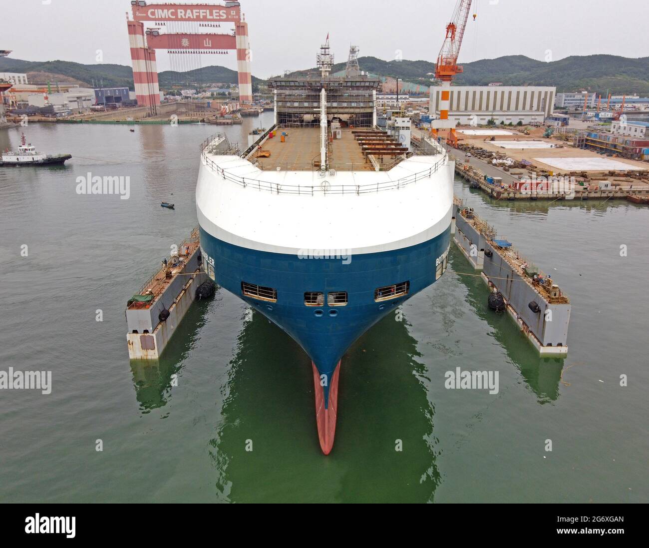 YANTAI, CHINA - JULY 9, 2021 - A dual-fuel ice-class roll-off ship is ...