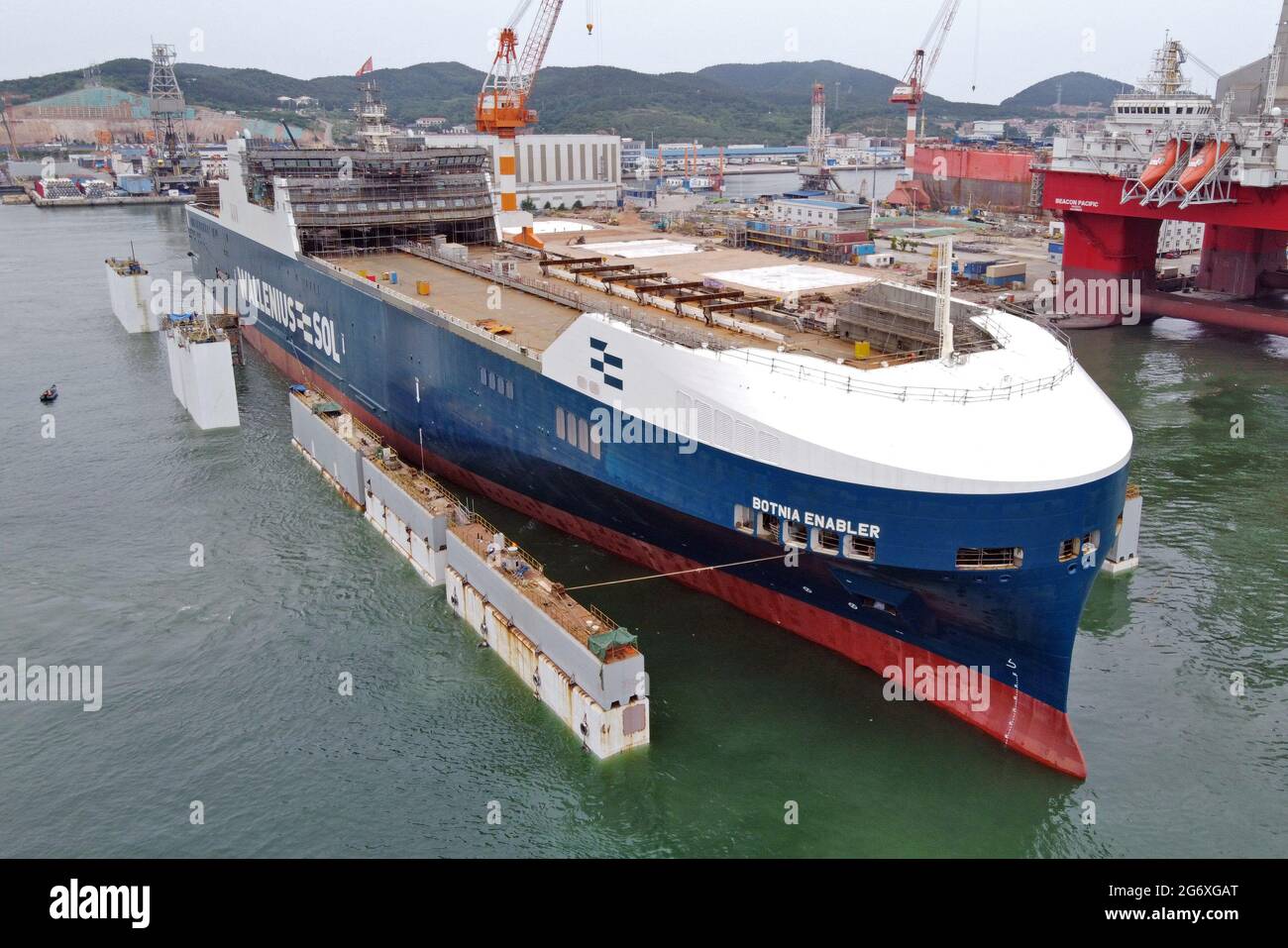 YANTAI, CHINA - JULY 9, 2021 - A dual-fuel ice-class roll-off ship is ...