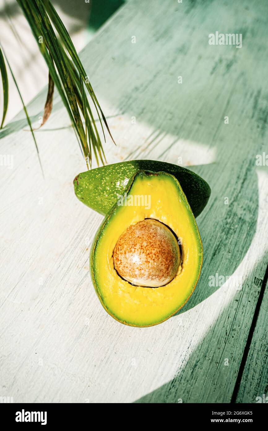 Avocado, tropical green fruit on a bright background, modern ...