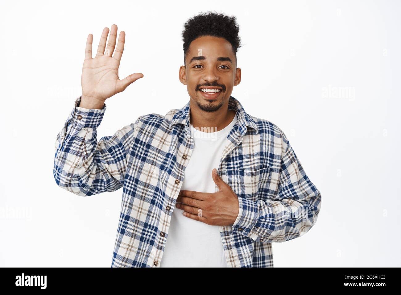 Greeting Smiling Friendly African American Guy Tell His Name Raise