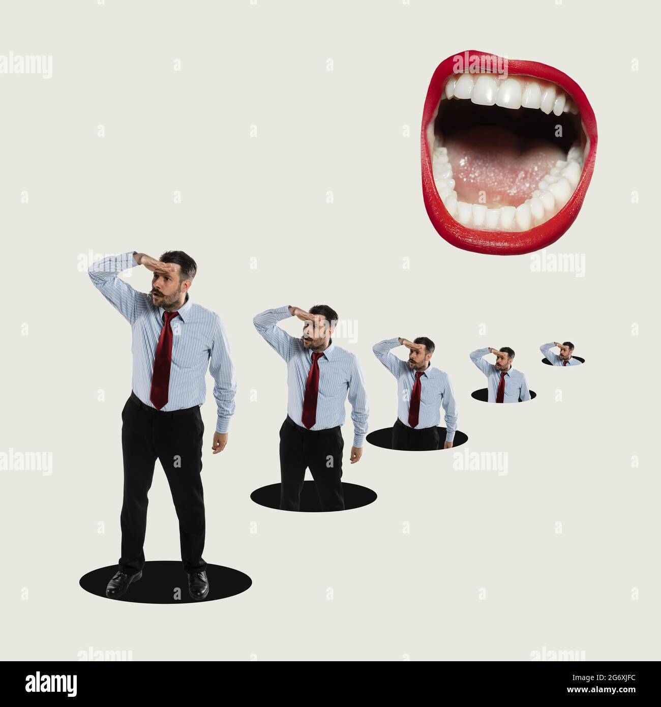 Collage of young businessman looking away and big screaming mouth ...