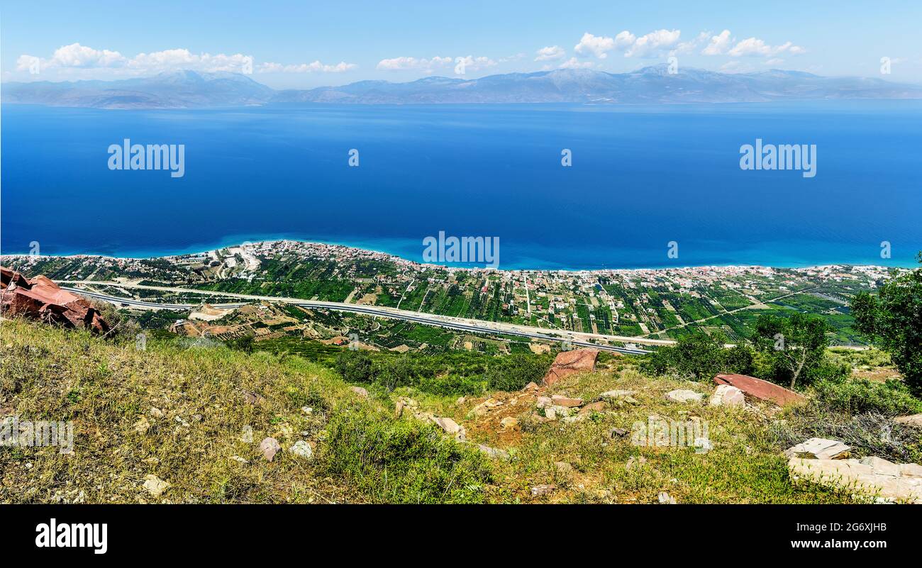 View of the Corinthian Gulf from the height of the cliff. Greece ...