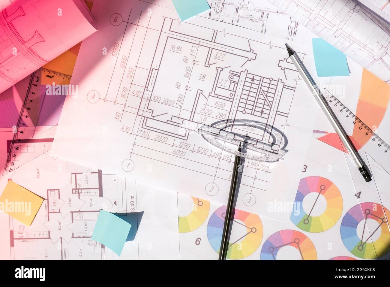Architecture plan of the house, palette of colors designs for interior ...
