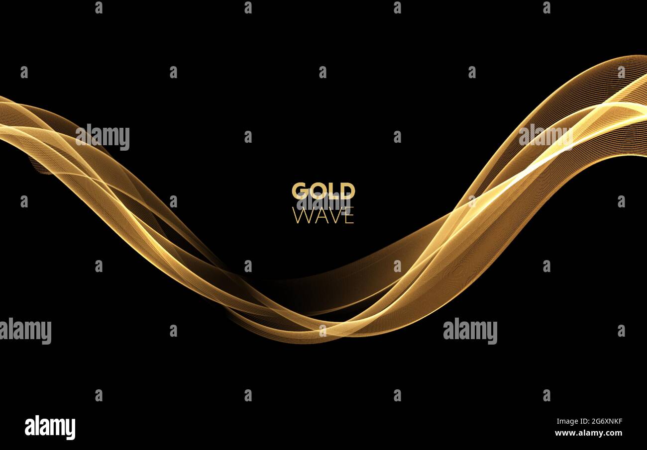 Abstract Gold Waves. Shiny golden moving lines design element on dark ...