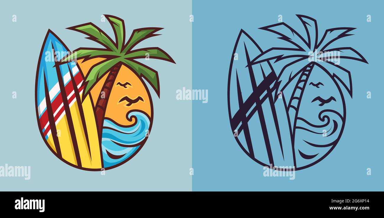 Surfboard with palm tree in different styles. Surfing concept art Stock ...