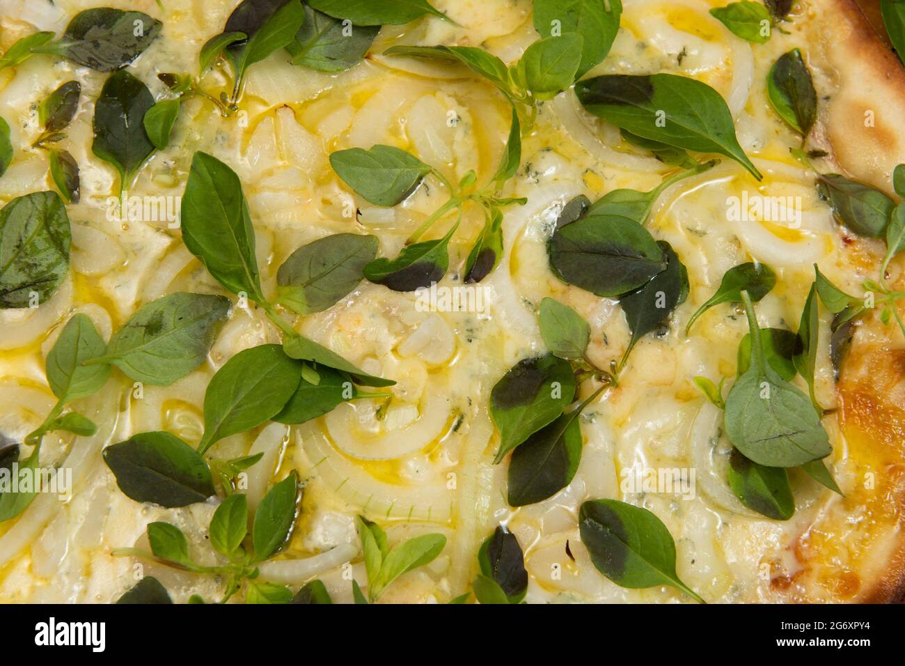 Brazilian pizza with cheese, mozzarella and basil, top view Stock Photo ...