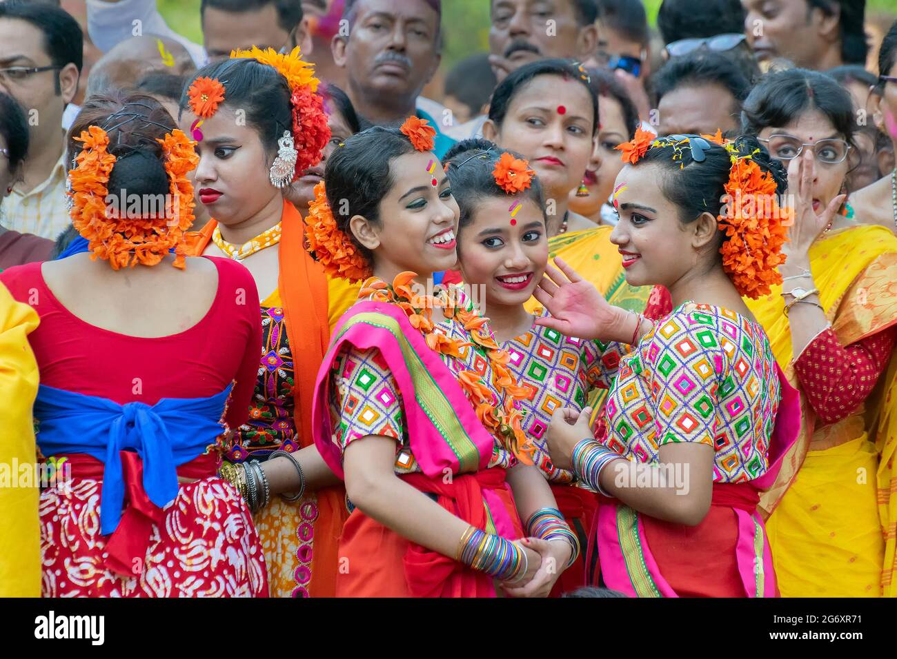 Kolkata, India - March 21st 2019 : Beautiful young girls in spring ...
