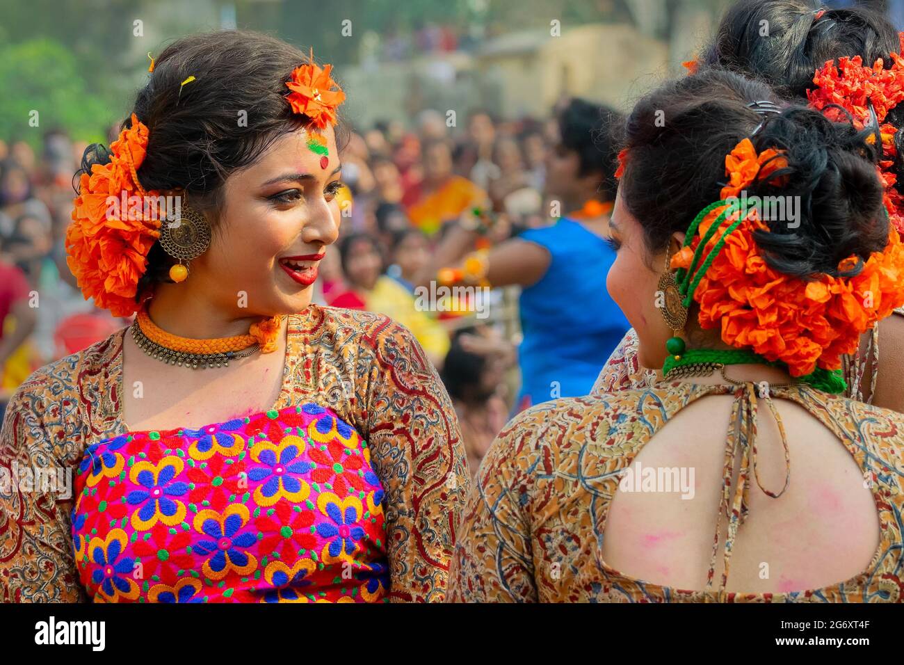 Kolkata, India - 1st March 2018 : Two beautiful girl dancers talking ...