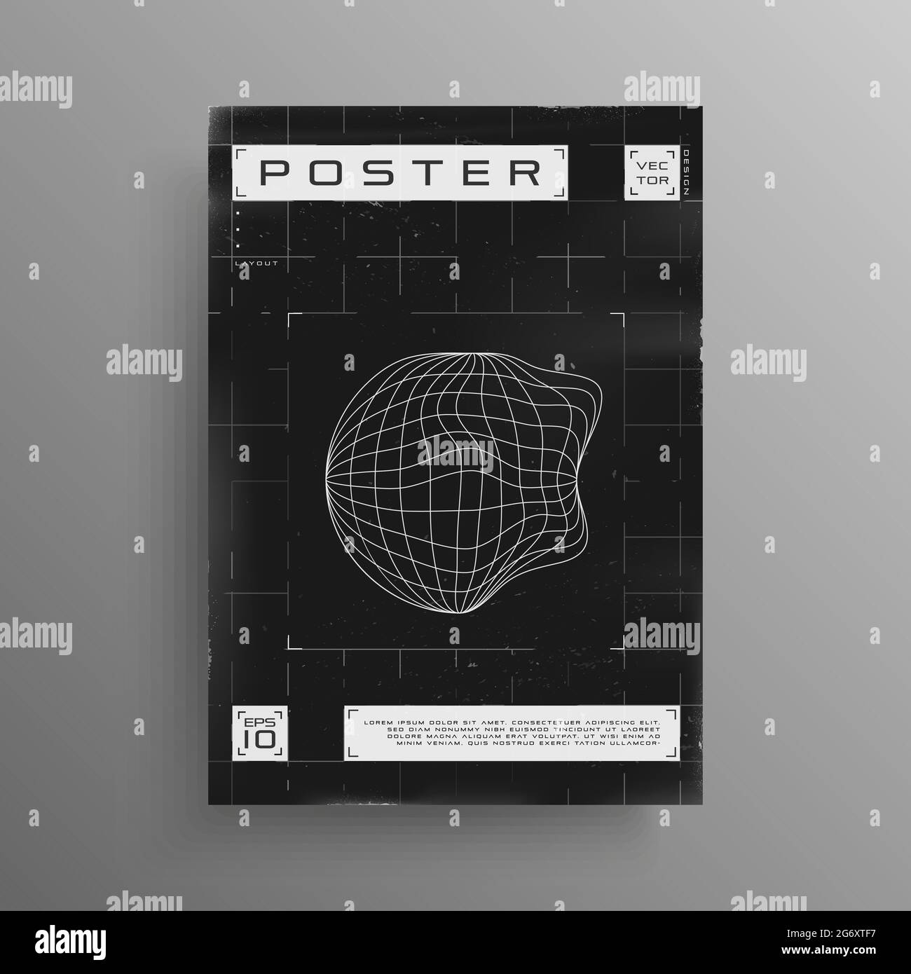 Retrofuturistic poster with broken laser grid and liquid distorted wireframe planet. Black and ...
