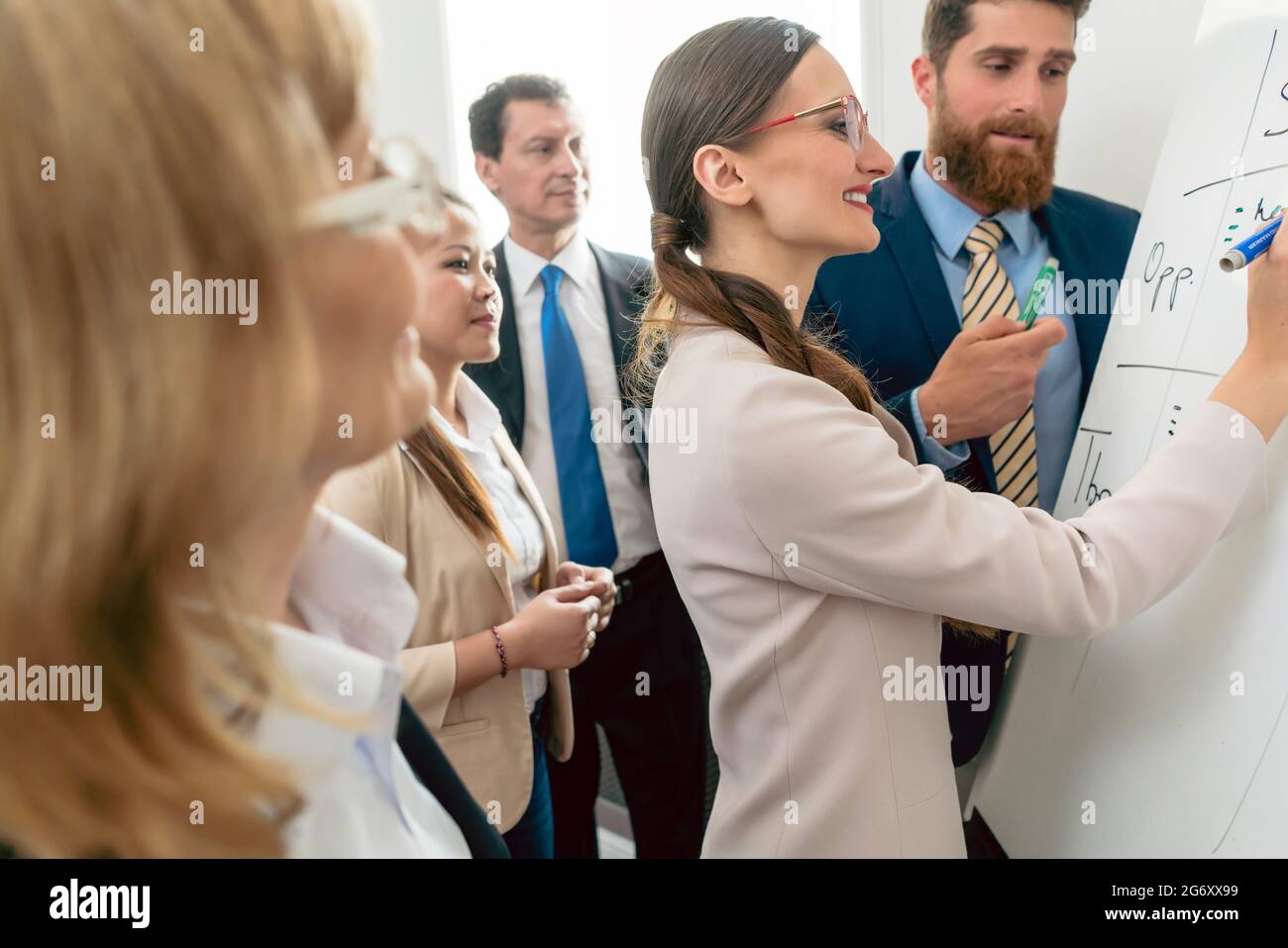 Side view of an intelligent female business expert conducting a SWOT ...