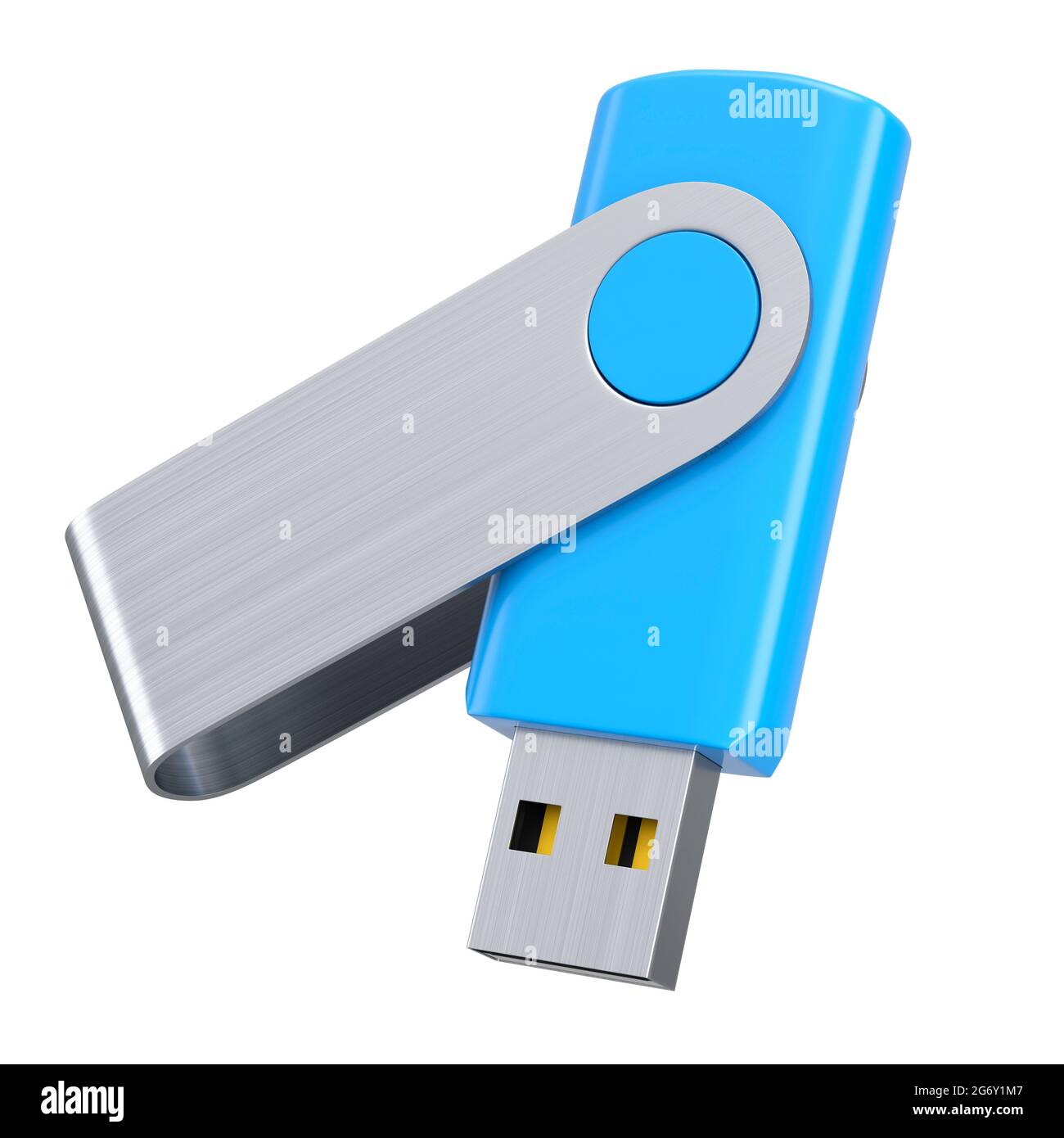 Portable blue USB flash drive stick isolated on white background. 3D ...