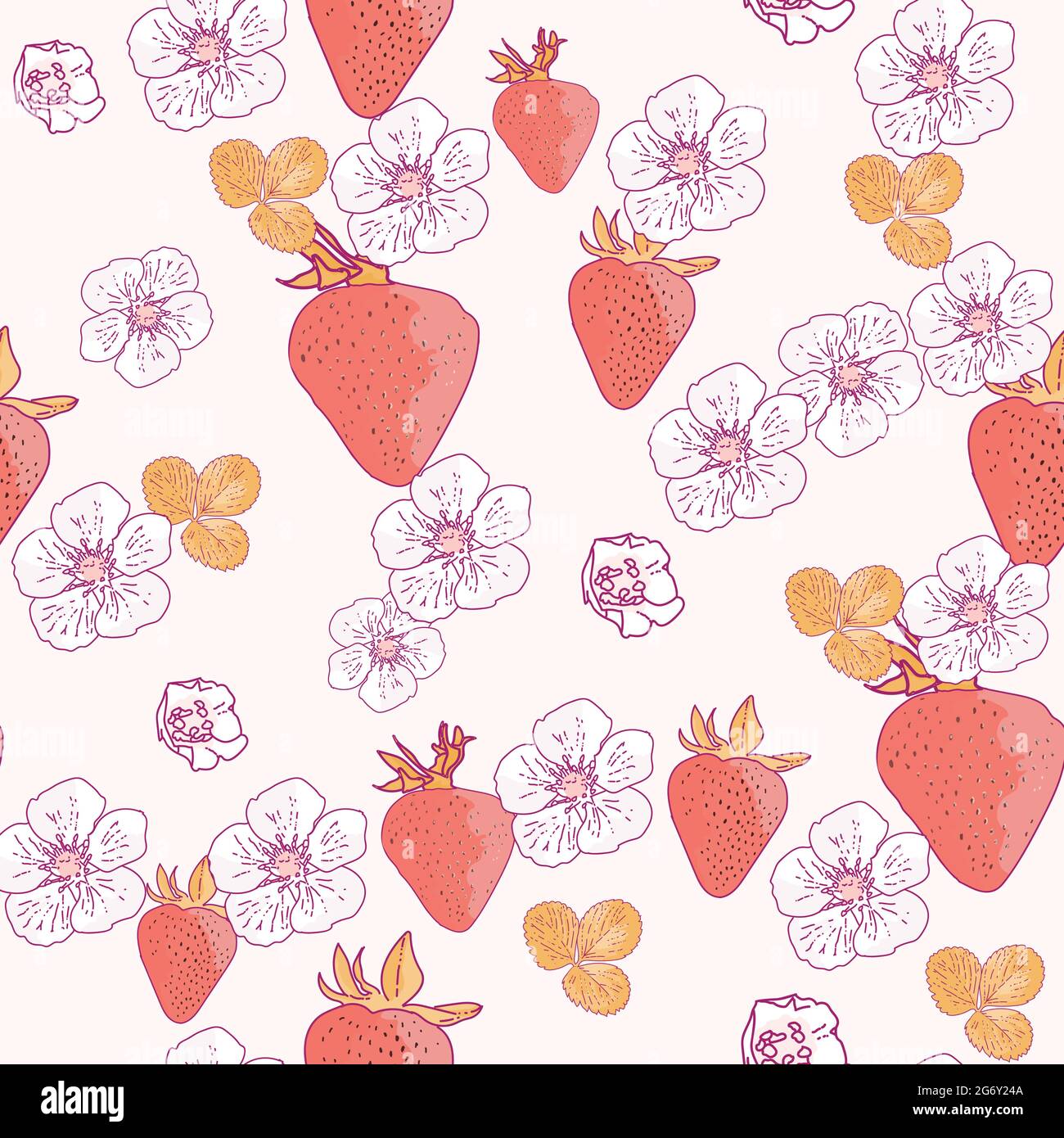 Vector pastel yellow background garden strawberries, berry flowers ...