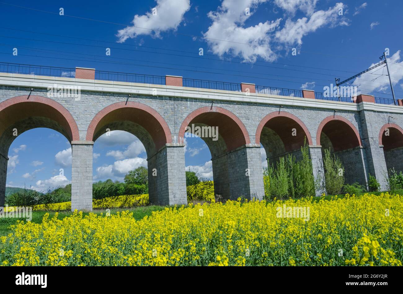 Beautiful scene of viaduct type of bridge surrounded by green fields ...