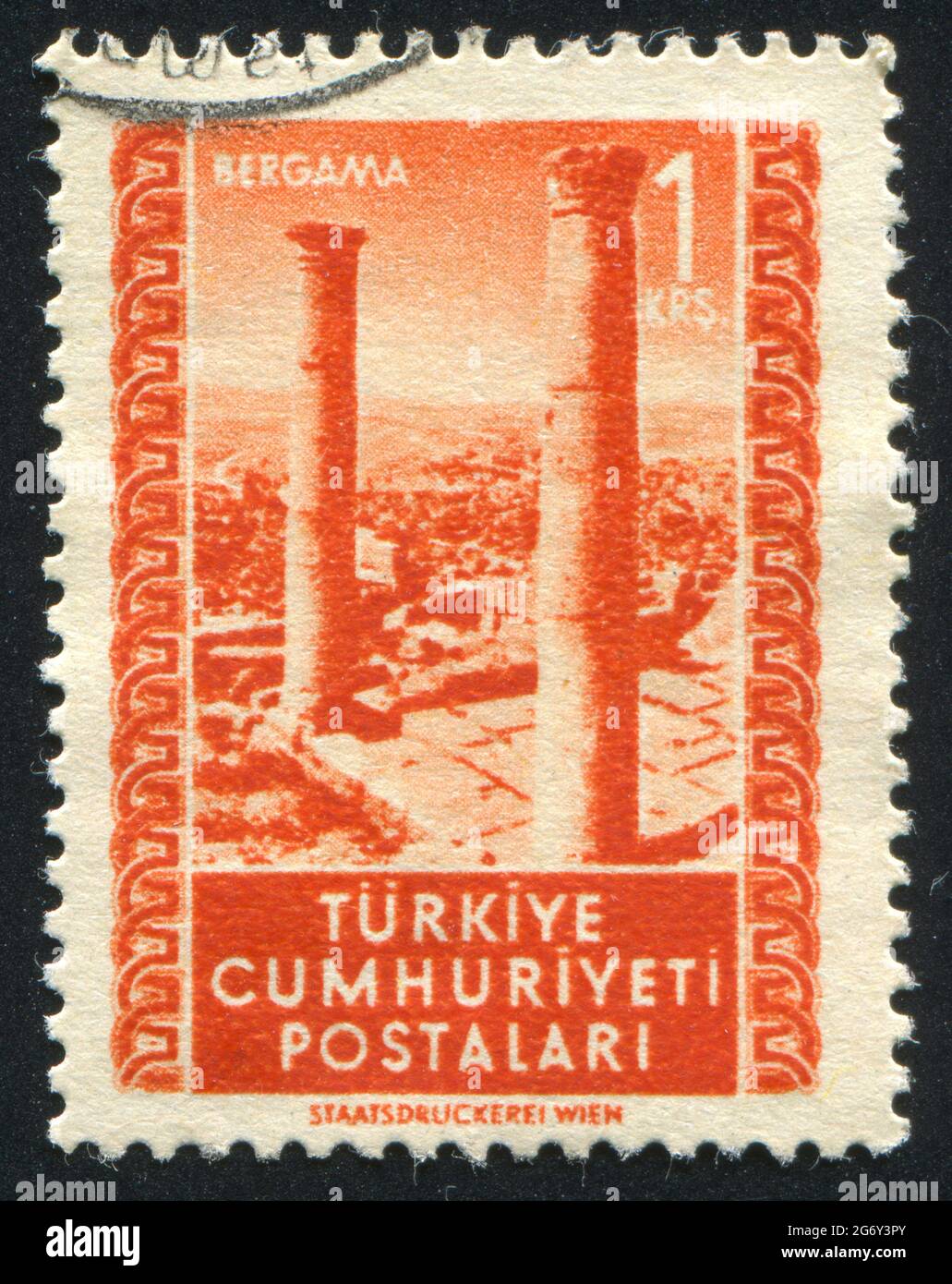 TURKEY - CIRCA 1952: stamp printed by Turkey, shows Ruins, Bergama ...