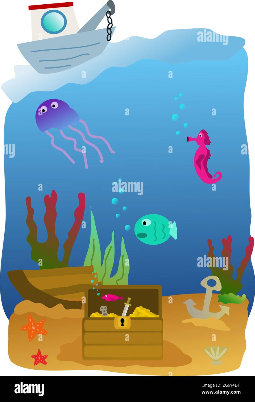 Treasure in the deep sea illustration Stock Photo - Alamy