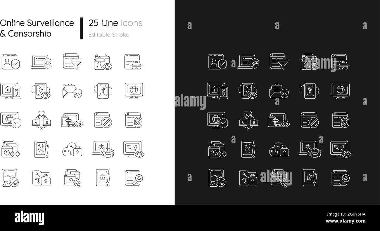 Online Surveillance And Censorship Linear Icons Set For Dark And Light