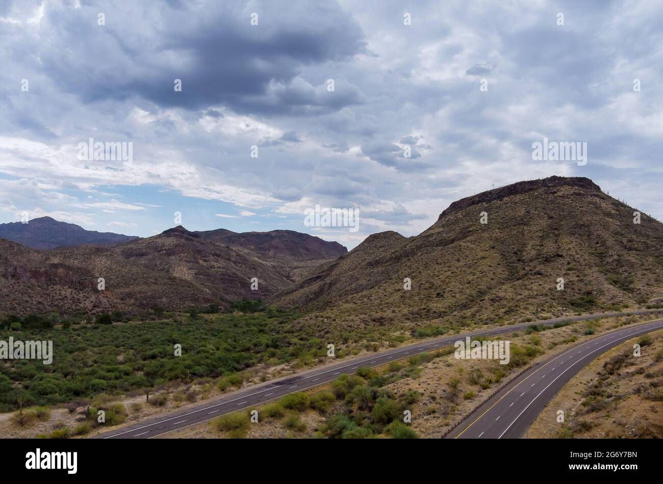 Aerial view adventure traveling desert road of the asphalt highway ...