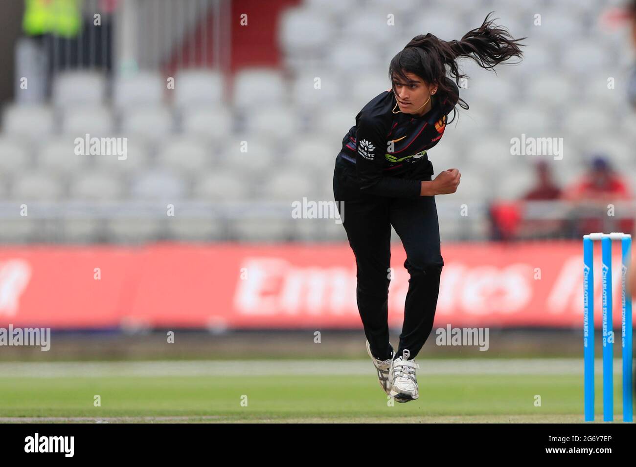 Manchester, UK. 09th July, 2021. Sonali Patel bowling for Sunrisers in Manchester, United ...