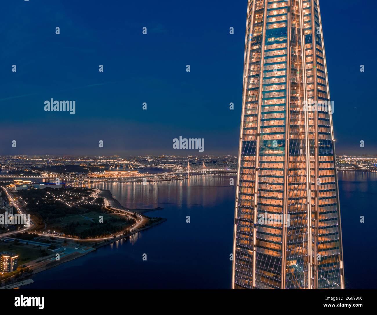 Aerial view of Lakhta Center during the night, Saint Petersburg, Russia ...