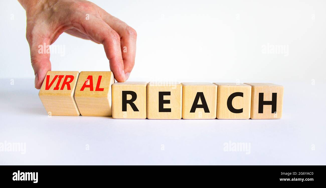 Viral reach symbol. Businessman turns wooden cubes and changes words ...