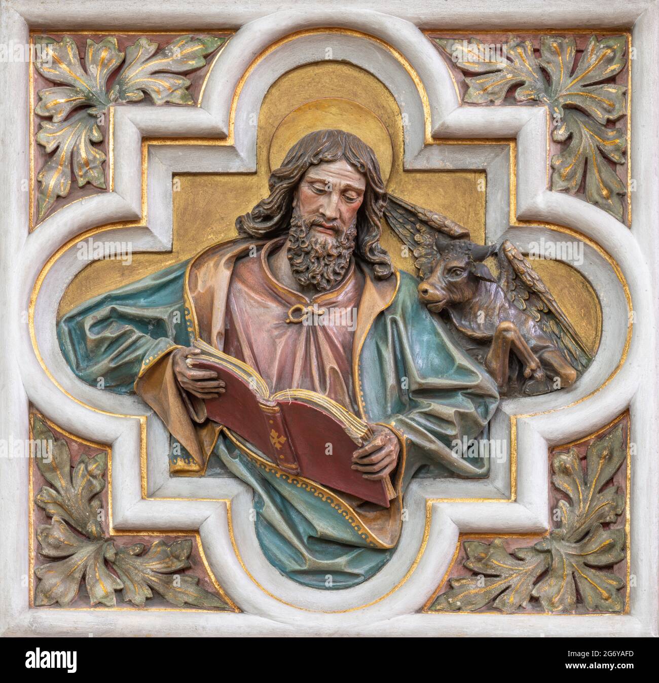 VIENNA, AUSTIRA - JUNI 24, 2021: The relief of St. Luke the Evangelist in church St. Severin ...