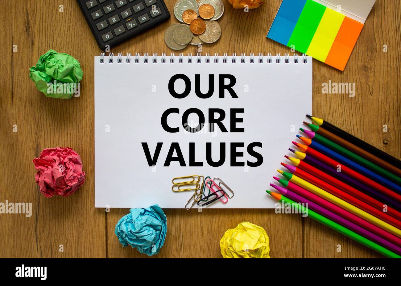 Our core values symbol. White note with words 'Our core values' on ...