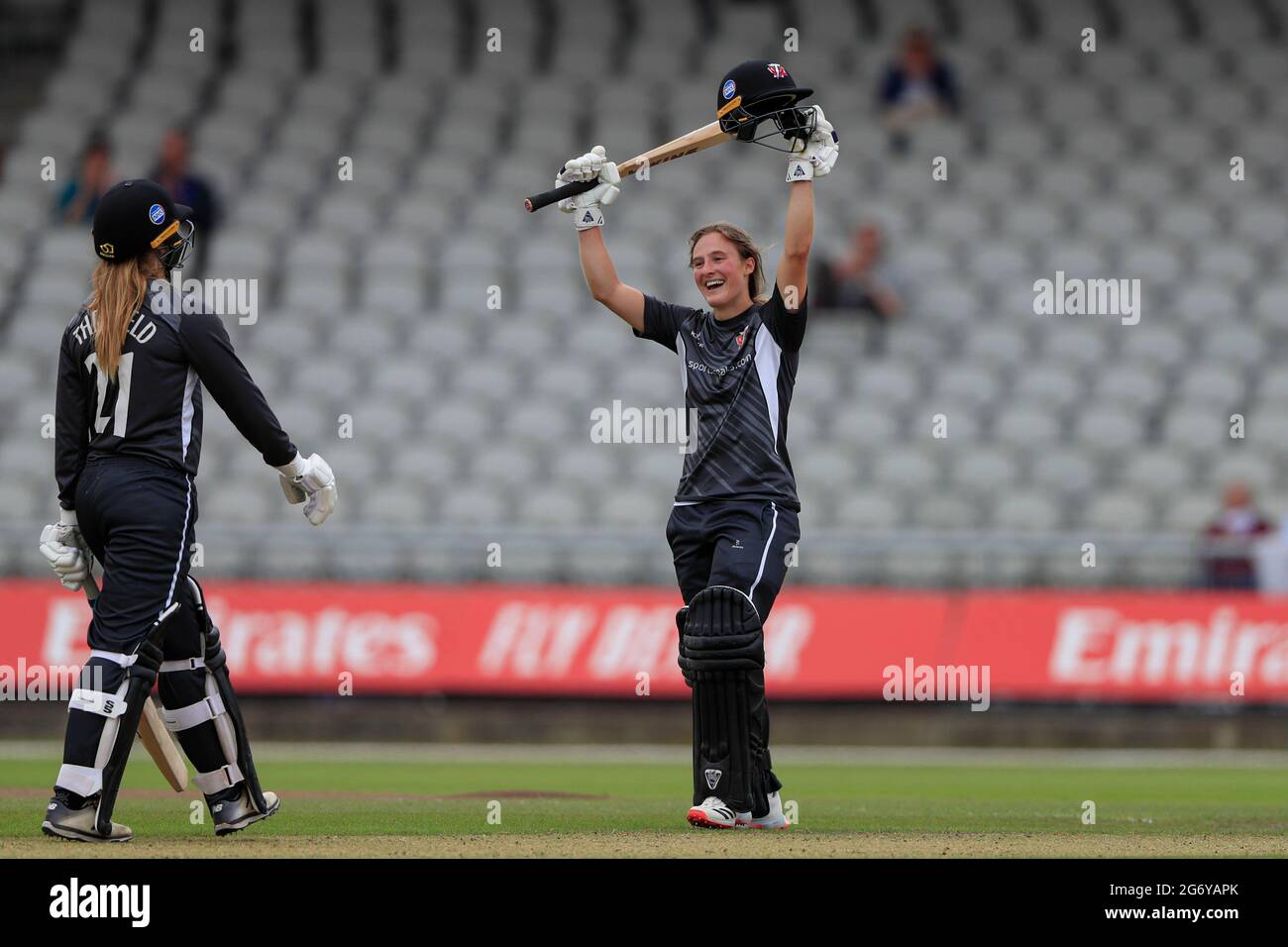 Emma Lamb batting for Thunder celebrates her 100 runs with Ellie ...