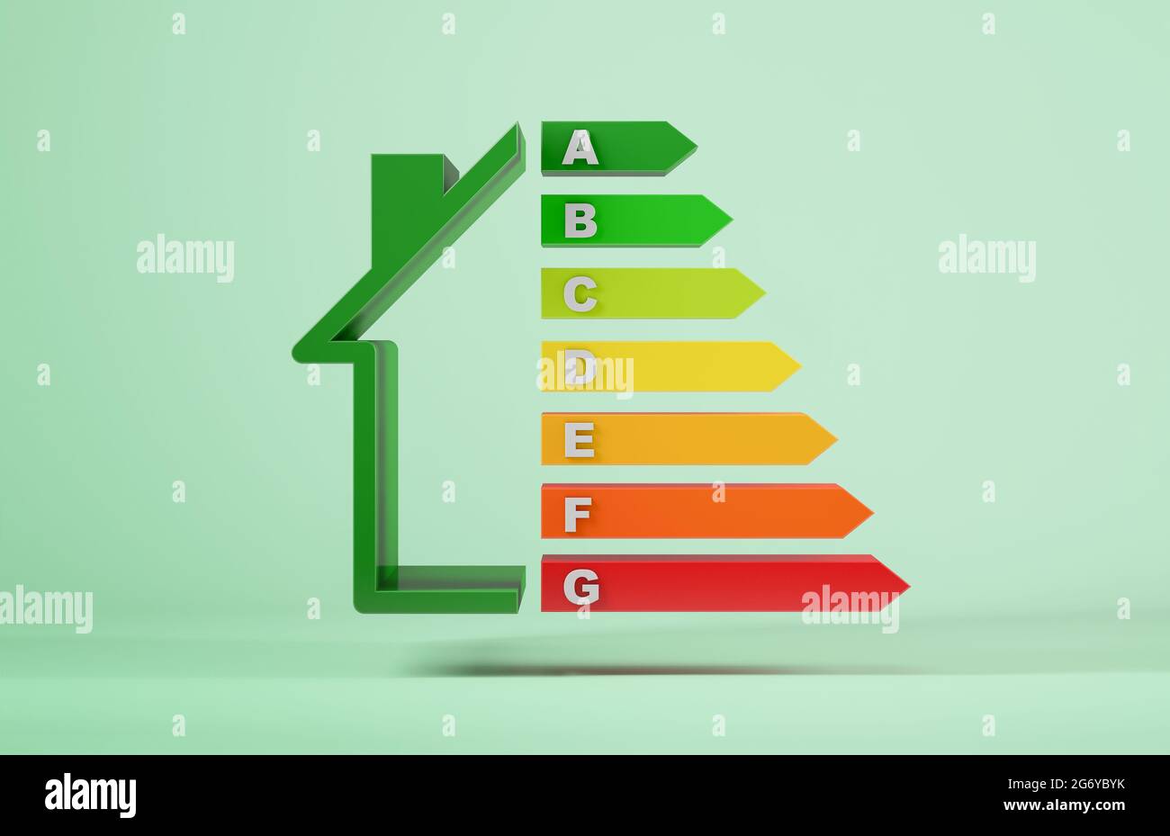 3D rendering of the energy efficiency rating scale isolated on a light ...