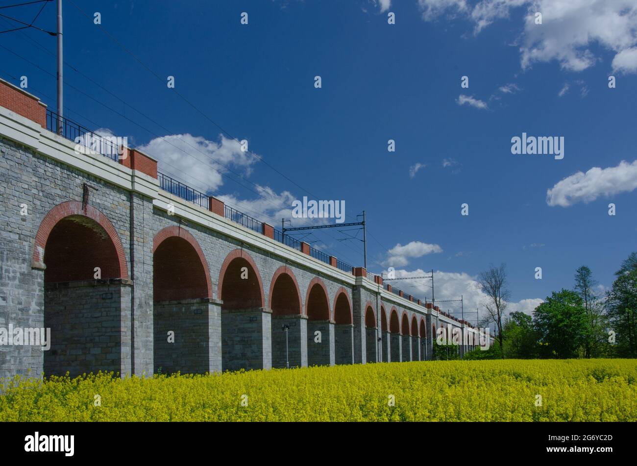 Beautiful scene of viaduct type of bridge surrounded by green fields ...
