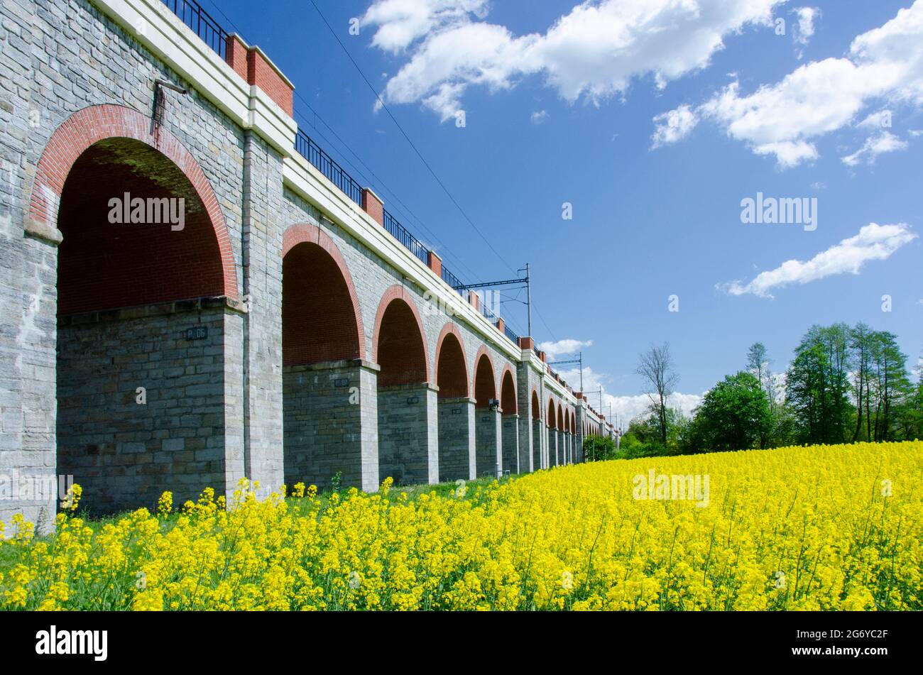 Beautiful scene of viaduct type of bridge surrounded by green fields ...