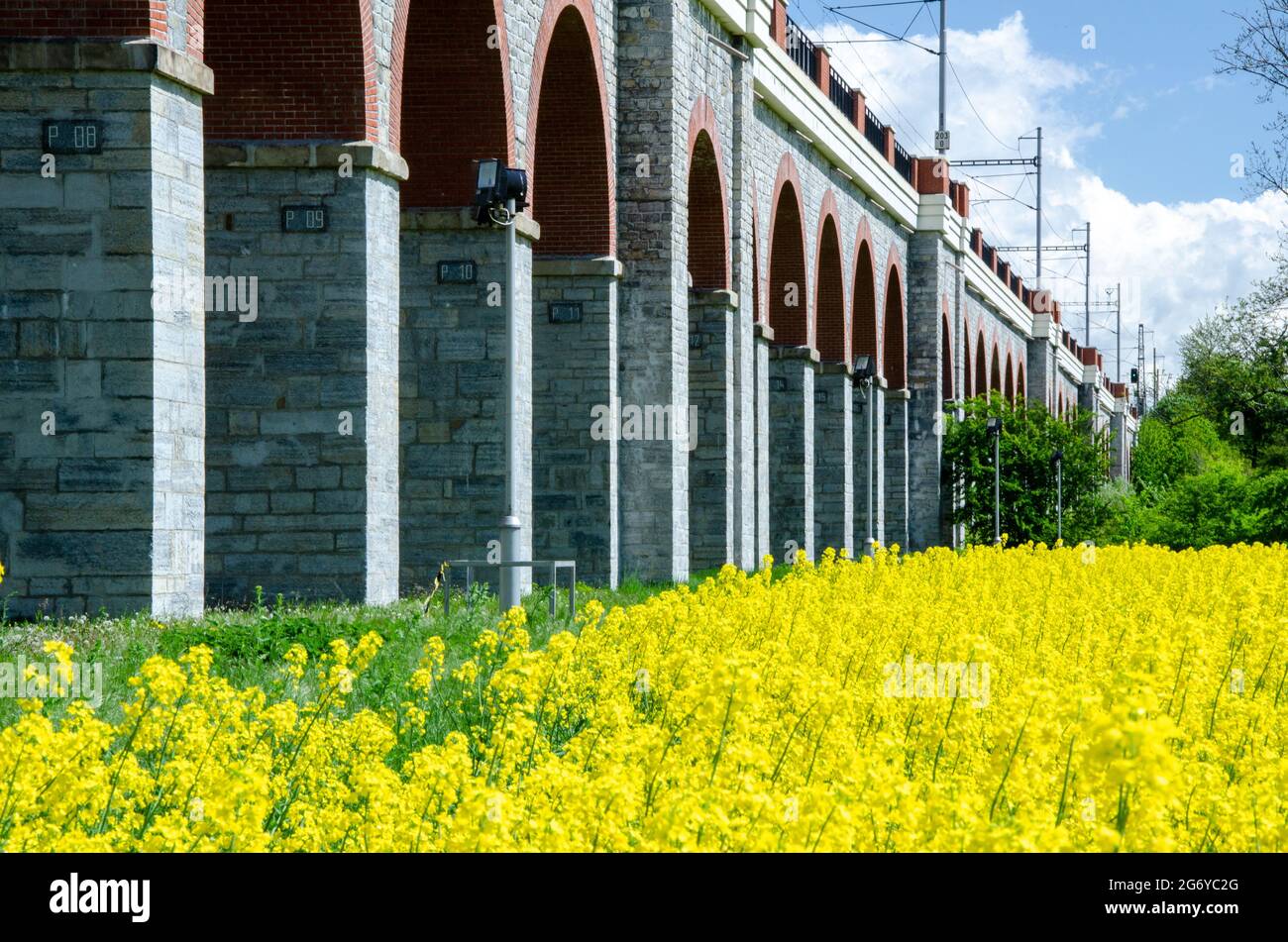 Beautiful scene of viaduct type of bridge surrounded by green fields ...