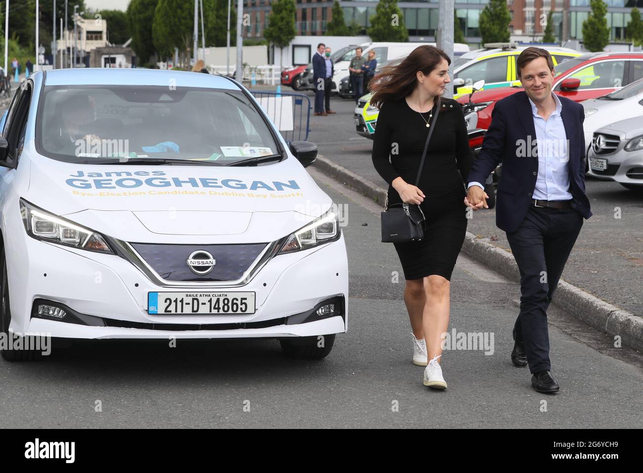 Fine Gael candidate James Geoghegan and his wife Claire arrives at the ...