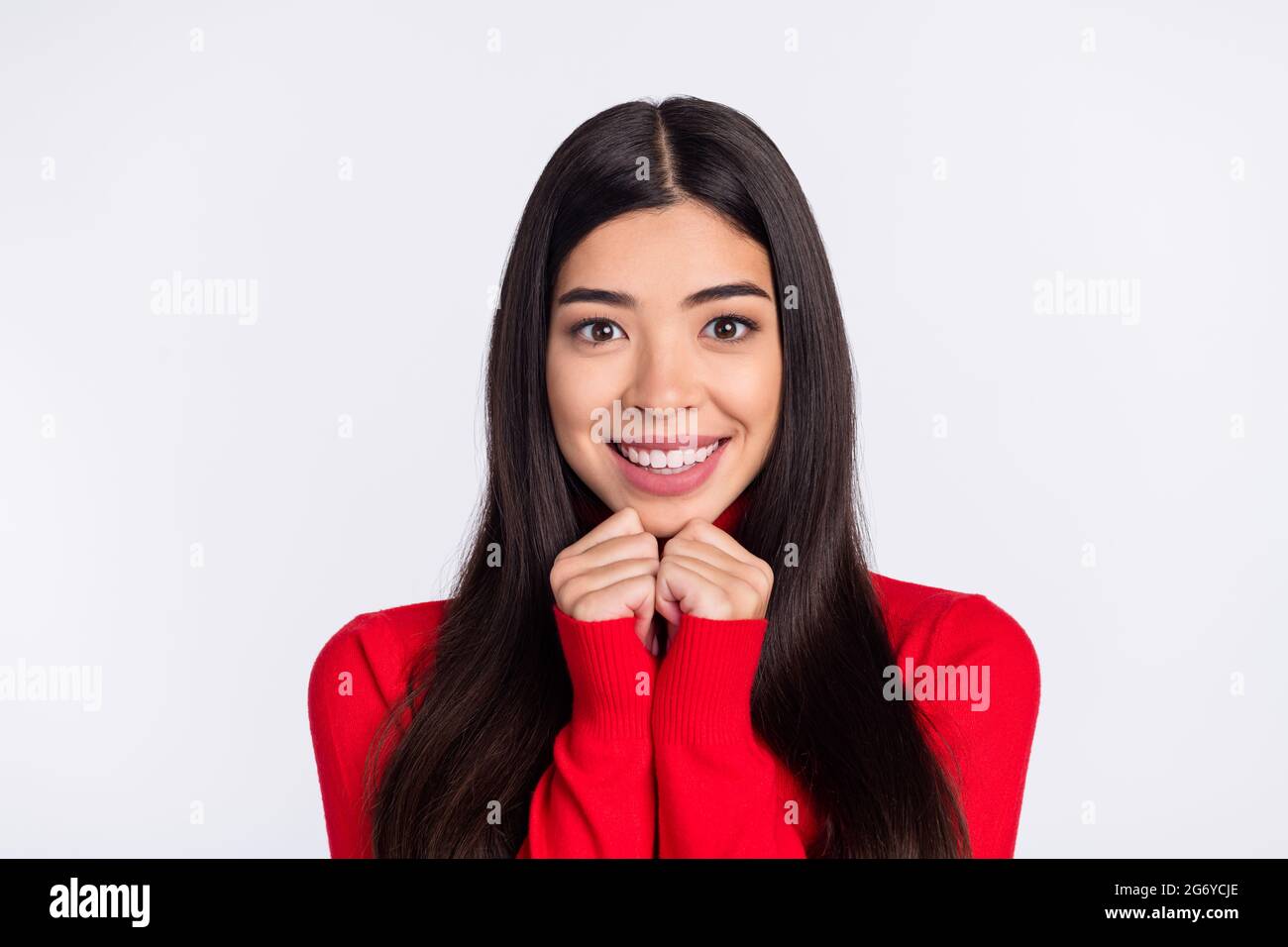 Photo Of Cute Optimistic Brown Hair Lady Hands Face Wear Red Sweater