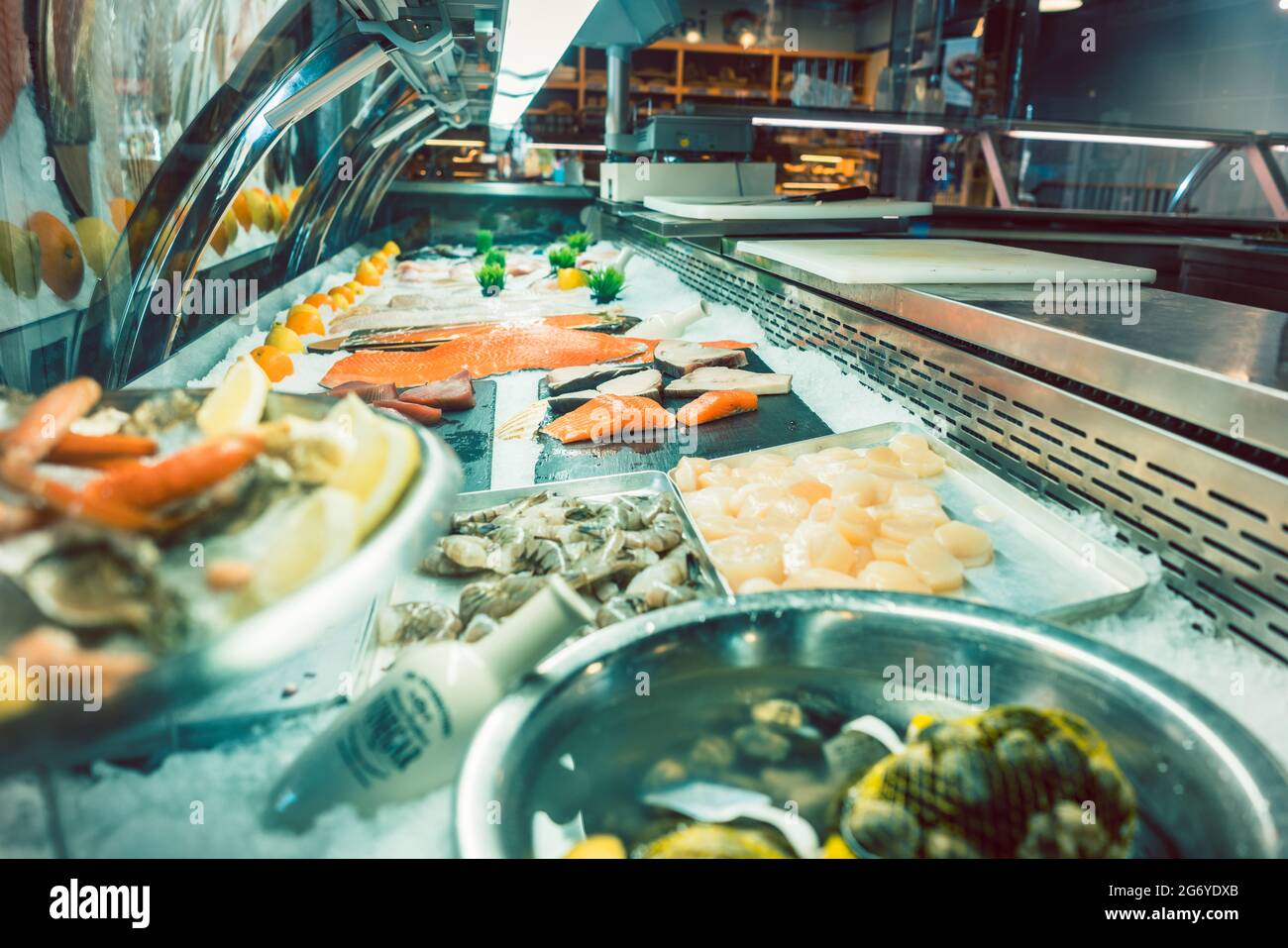 Fresh raw salmon fillet and various seafood exposed in the showcase ...
