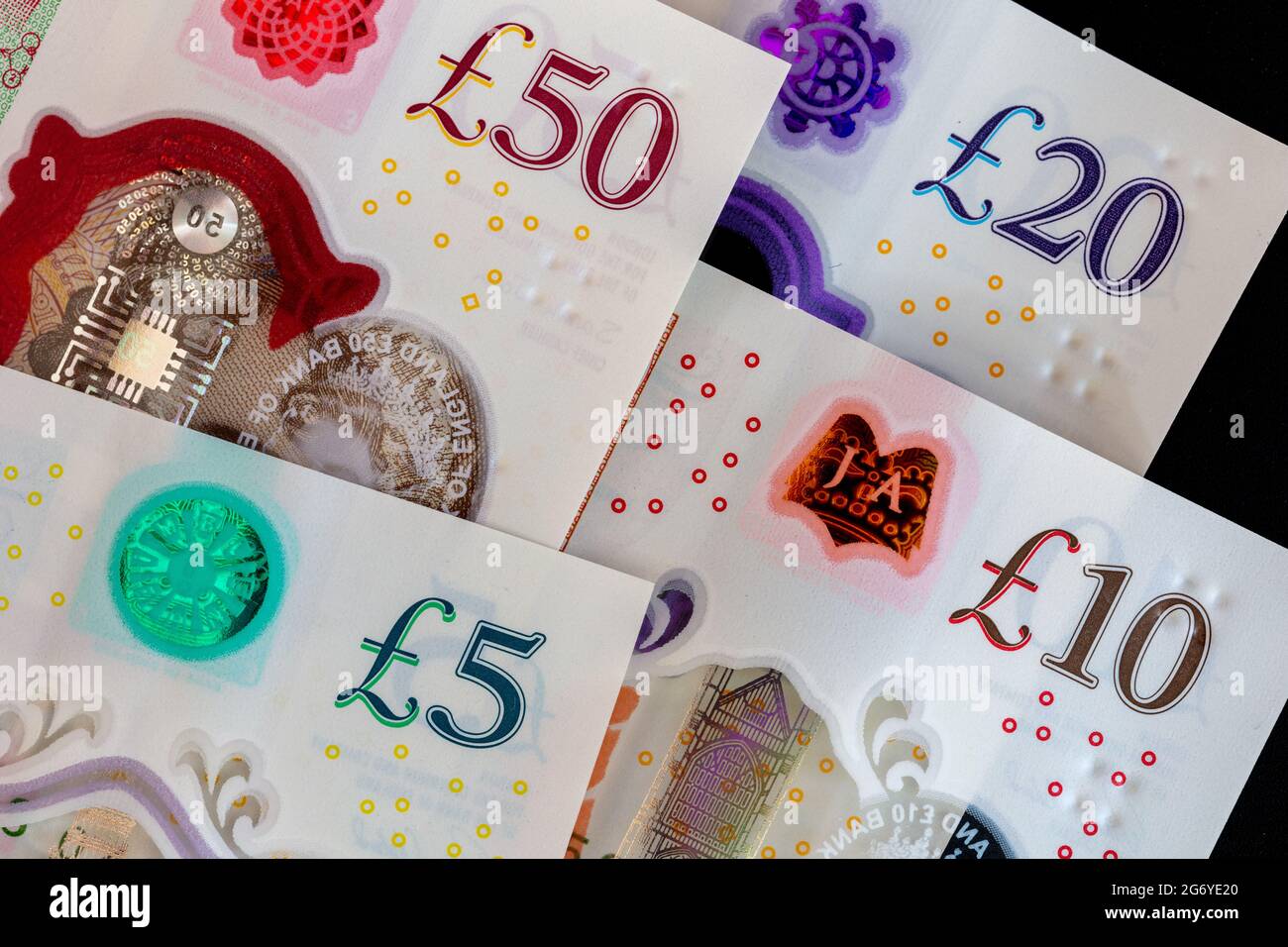 Bank of England polymer banknotes showing all four security foil ...