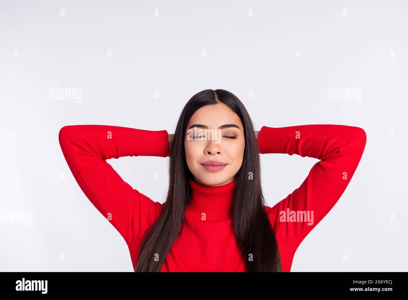 Photo of rest positive brown long hairdo adult hands head wear red ...