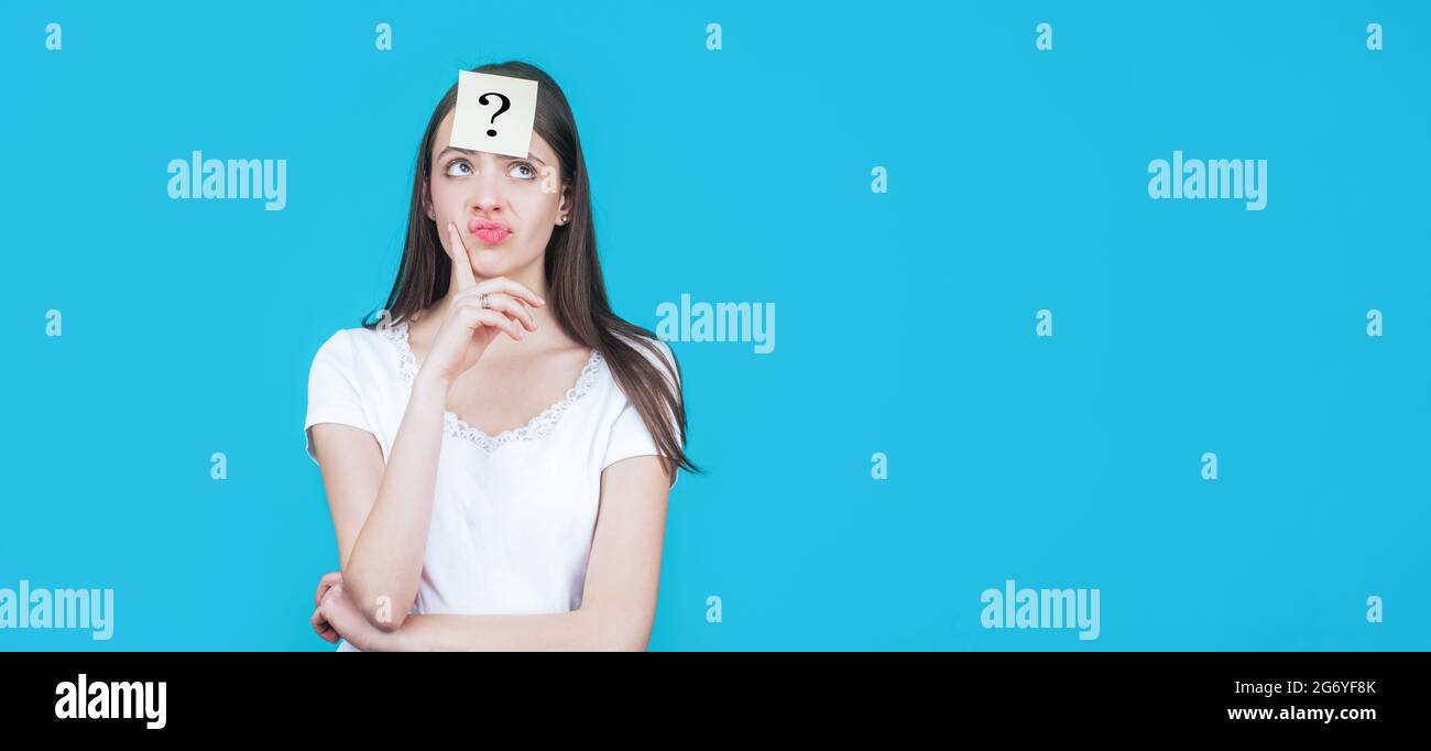 Thinking woman with question mark. Doubtful girl asking questions to ...
